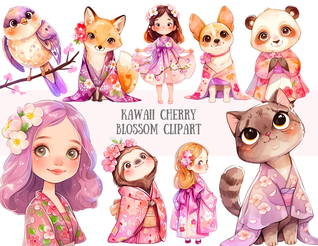 Watercolour Kawaii Cherry Blossom Clipart Cute Sakura Girl PNG Digital ...