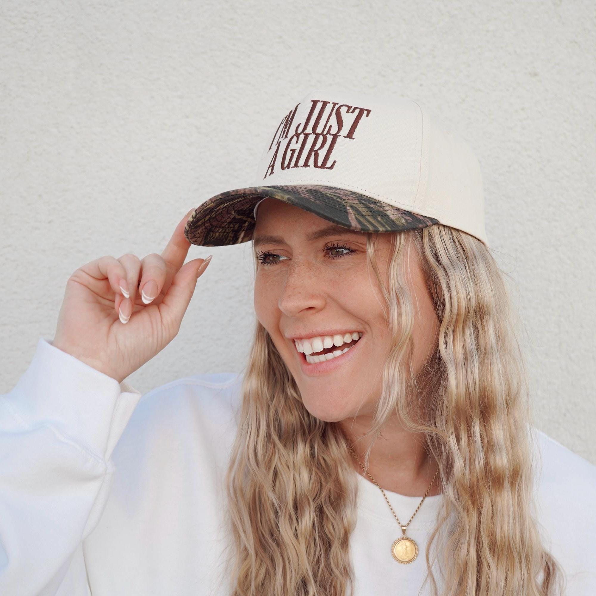 I'm Just A Girl Camo Embroidered Two Tone Canvas Snapback Trucker Hat ...