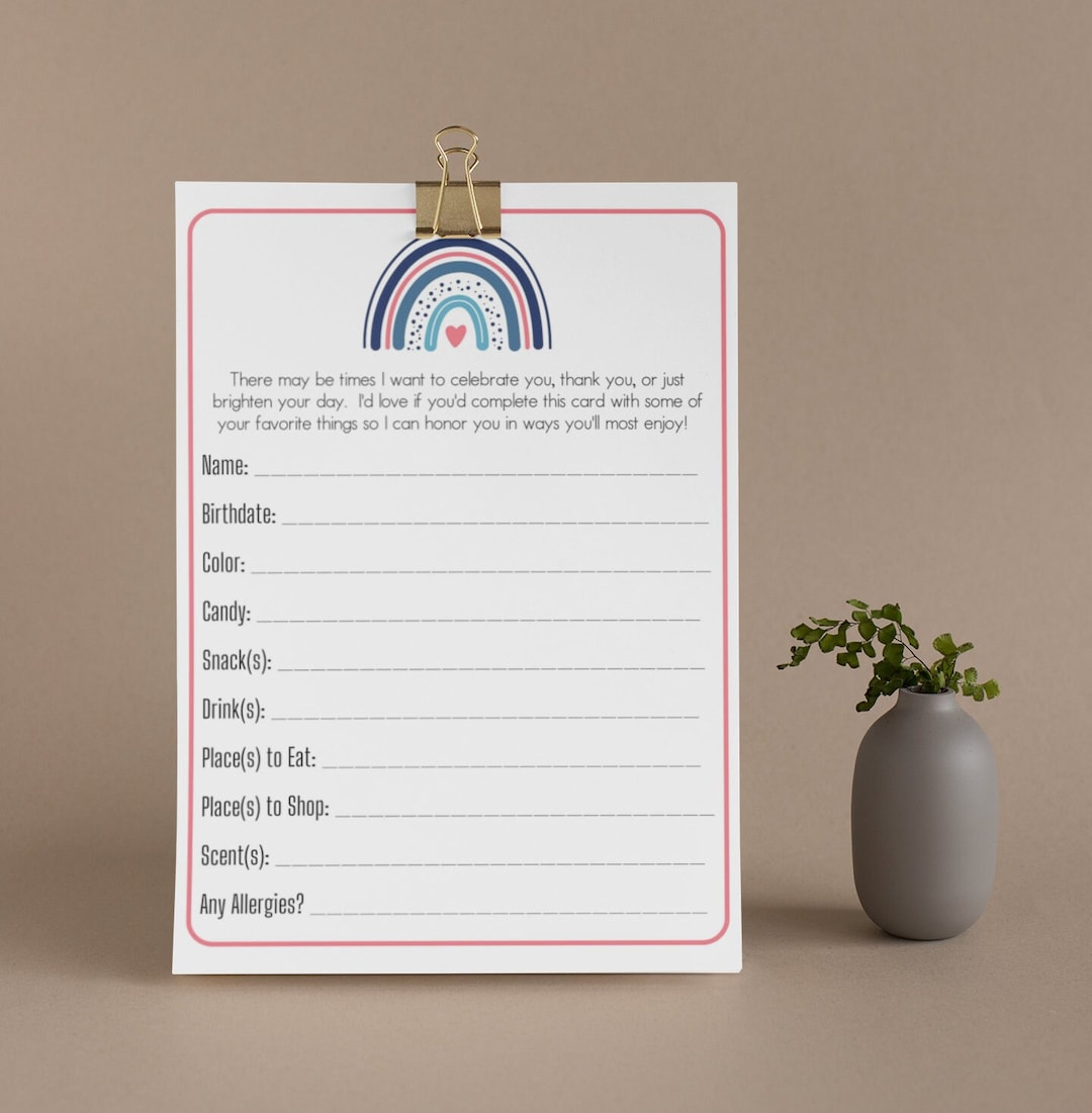 Favorite Things List, Questionnaire, Printable, Teacher Gift Ideas - Etsy