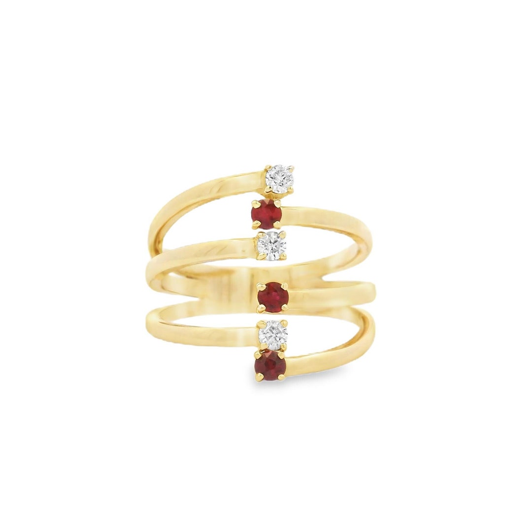 14K Yellow Gold Triple Band Ring: Rubies and Diamonds - Etsy