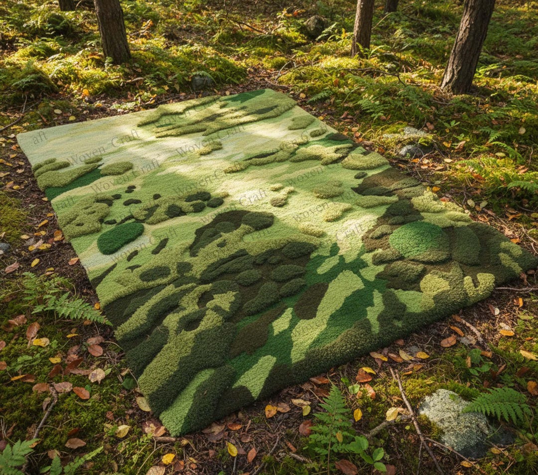 Moss Green Abstract Wool Rug, Irregular Hand Tufted 3d Forest Nature ...