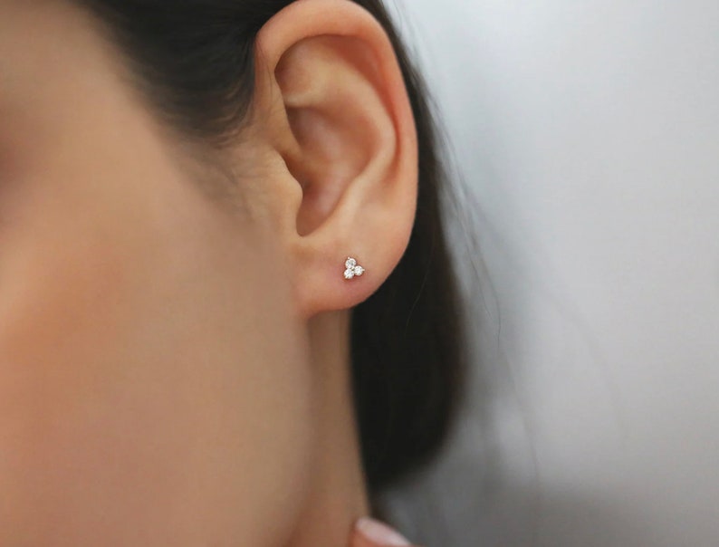 Three Stone Diamond Stud Earrings 14K Solid Gold Natural - Etsy