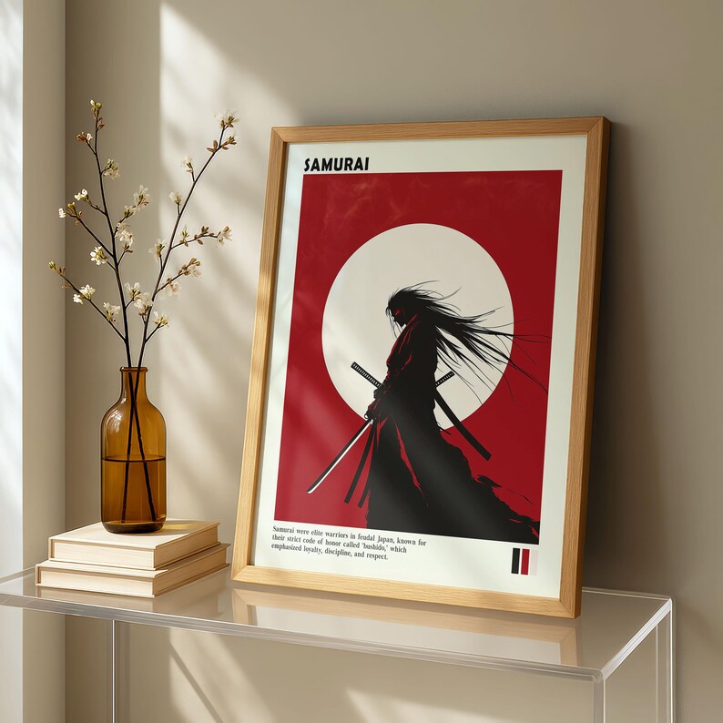 Samurai Poster Japanese Warrior Art Minimal Red Sun Wall Print - Etsy