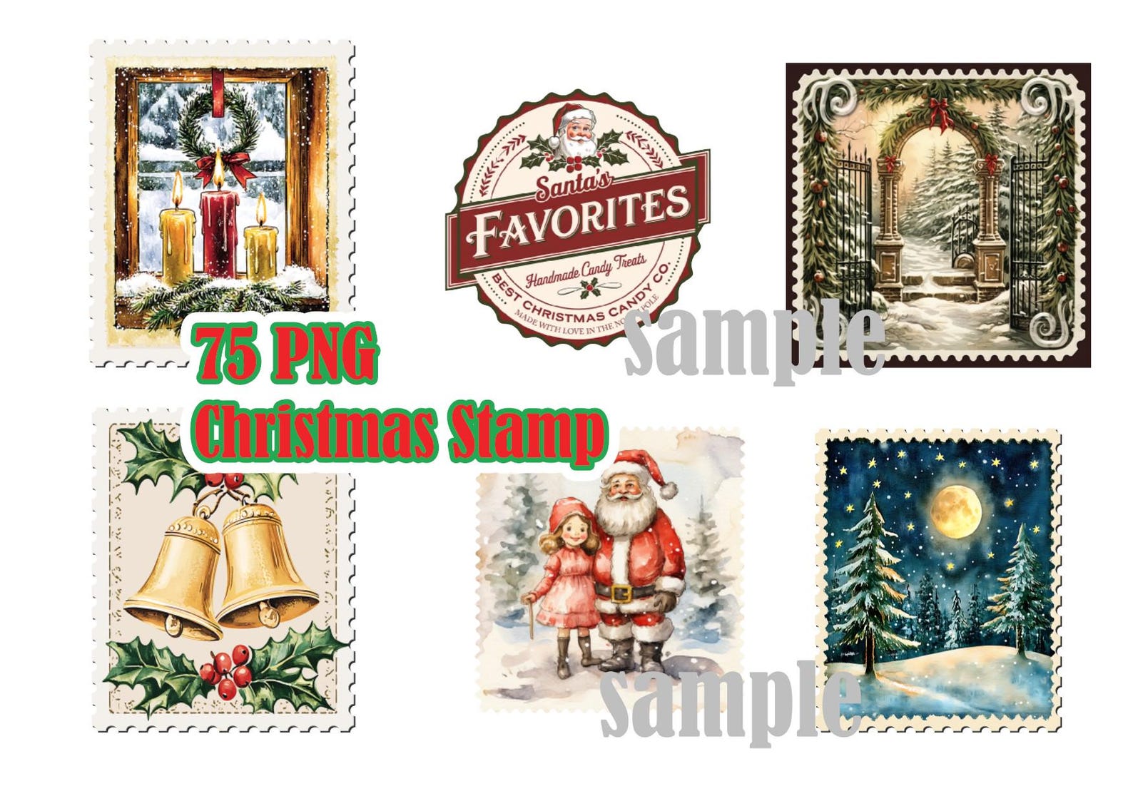 Vintage Christmas Stamp Clipart, Watercolor Christmas Stamp PNG, Winter ...