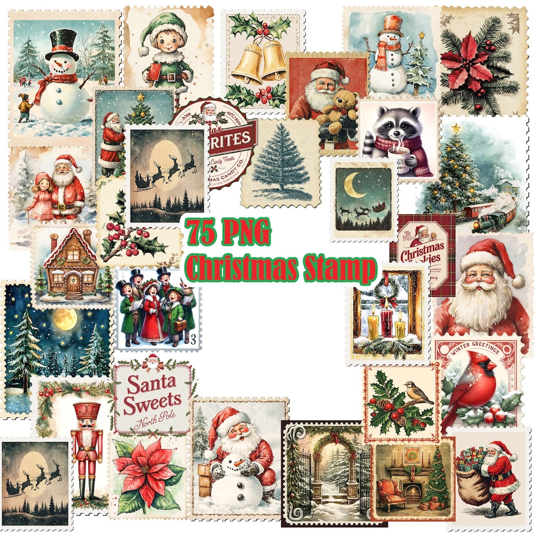 Vintage Christmas Stamp Clipart, Watercolor Christmas Stamp PNG, Winter ...