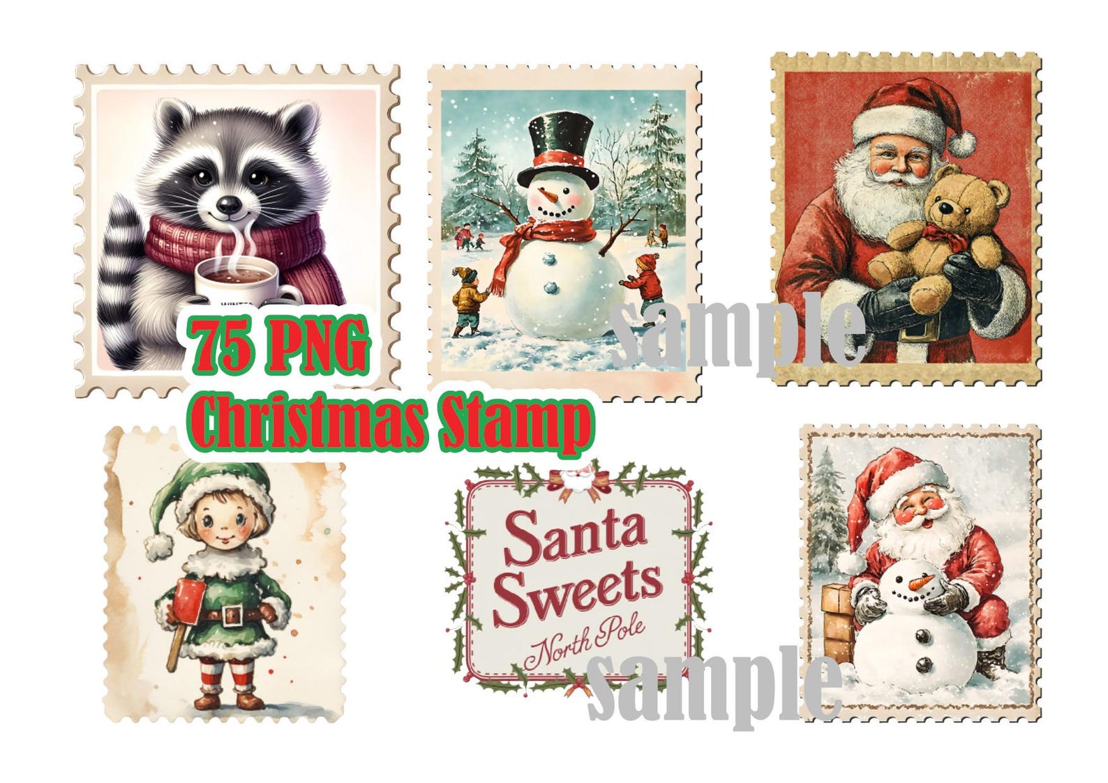 Vintage Christmas Stamp Clipart, Watercolor Christmas Stamp PNG, Winter ...