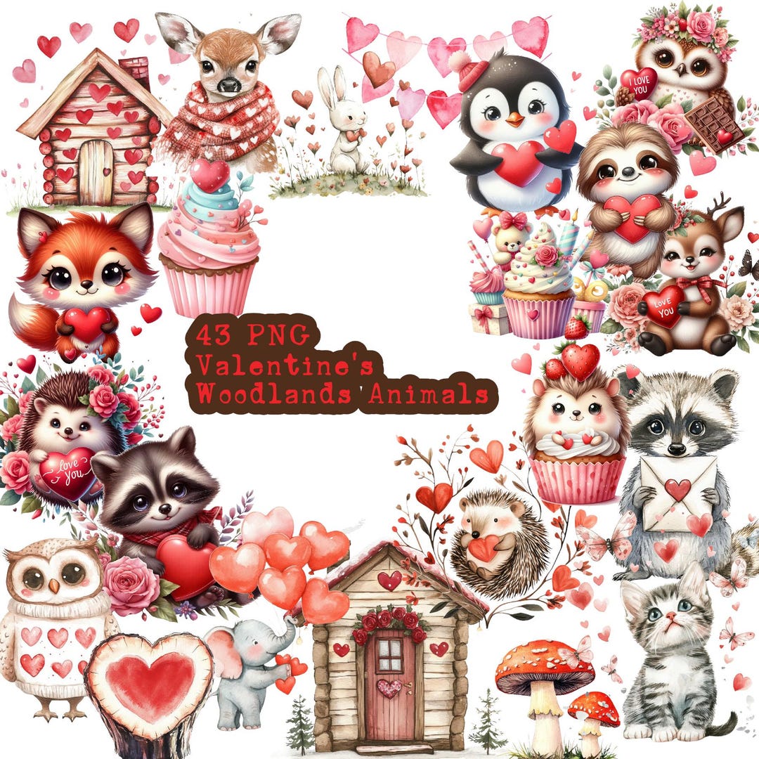 Valentine Clipart, Woodland Animals Digital, Watercolor Valentine ...