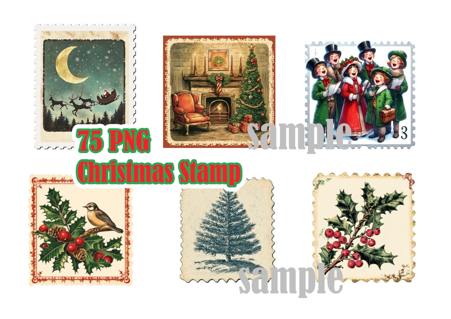 Vintage Christmas Stamp Clipart, Watercolor Christmas Stamp PNG, Winter ...