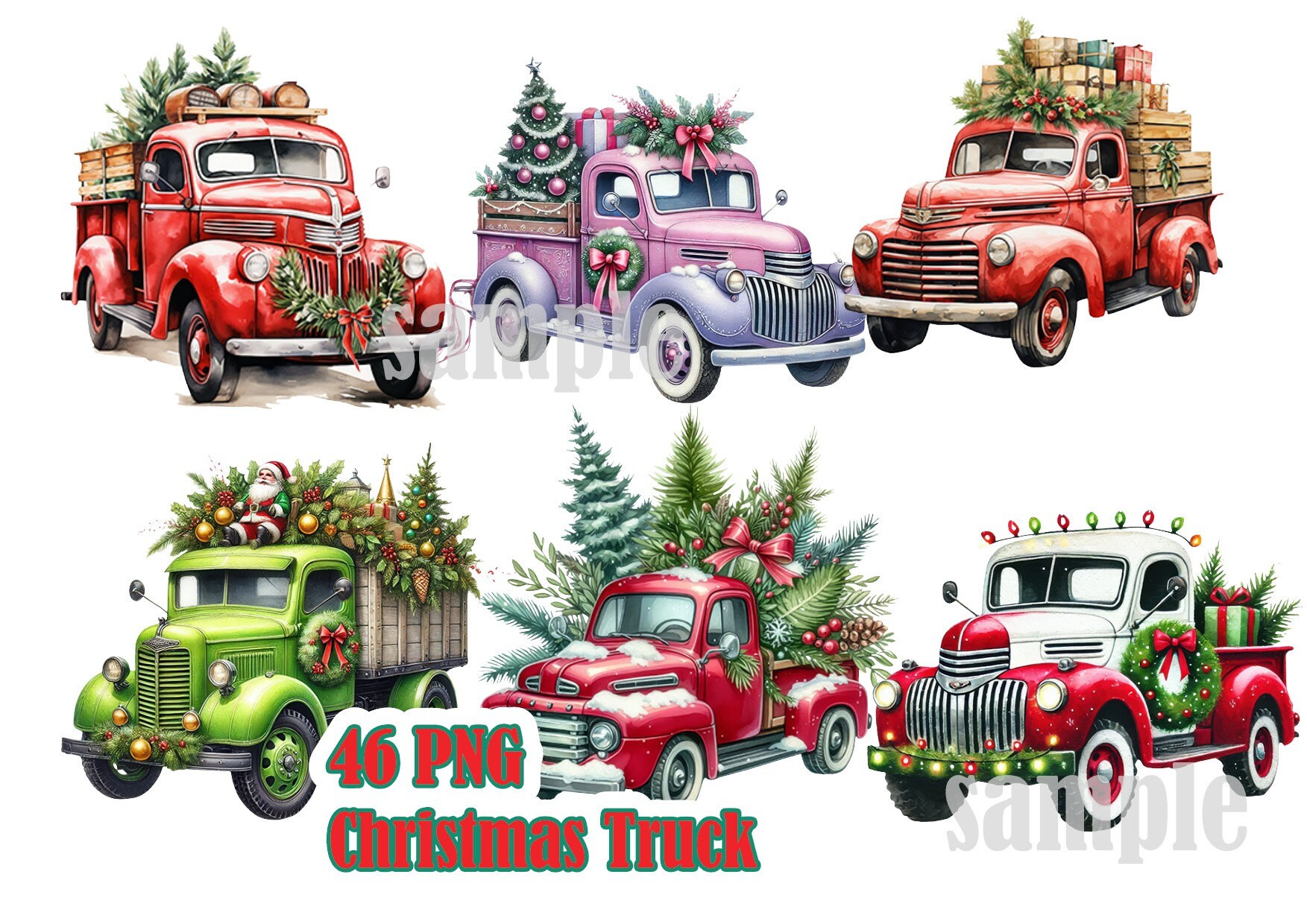 46 Christmas Truck Clipart, Watercolor Christmas Truck With Tree PNG ...