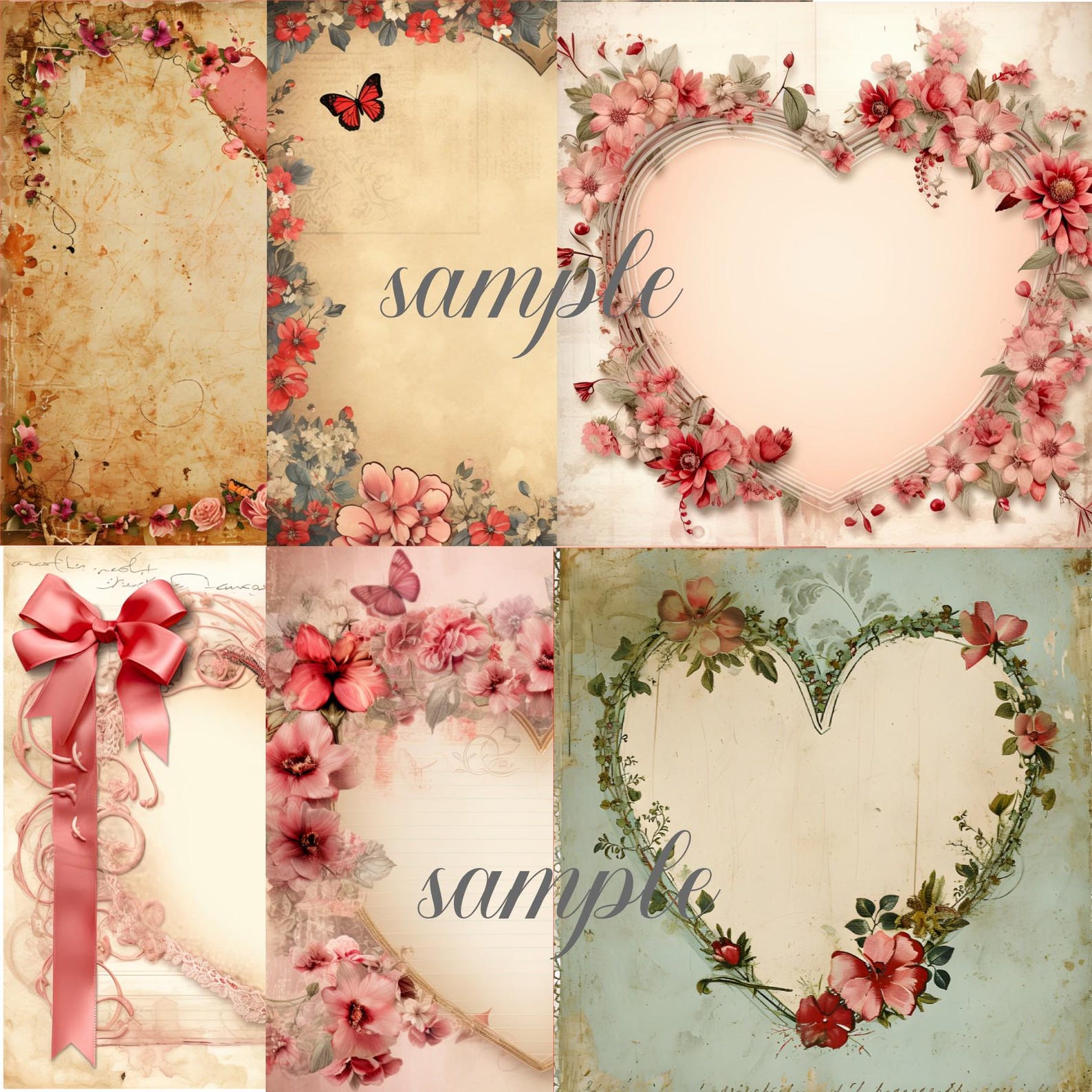 Vintage Love Heart Digital Paper, Vintage Valentines, Rose Valentines ...