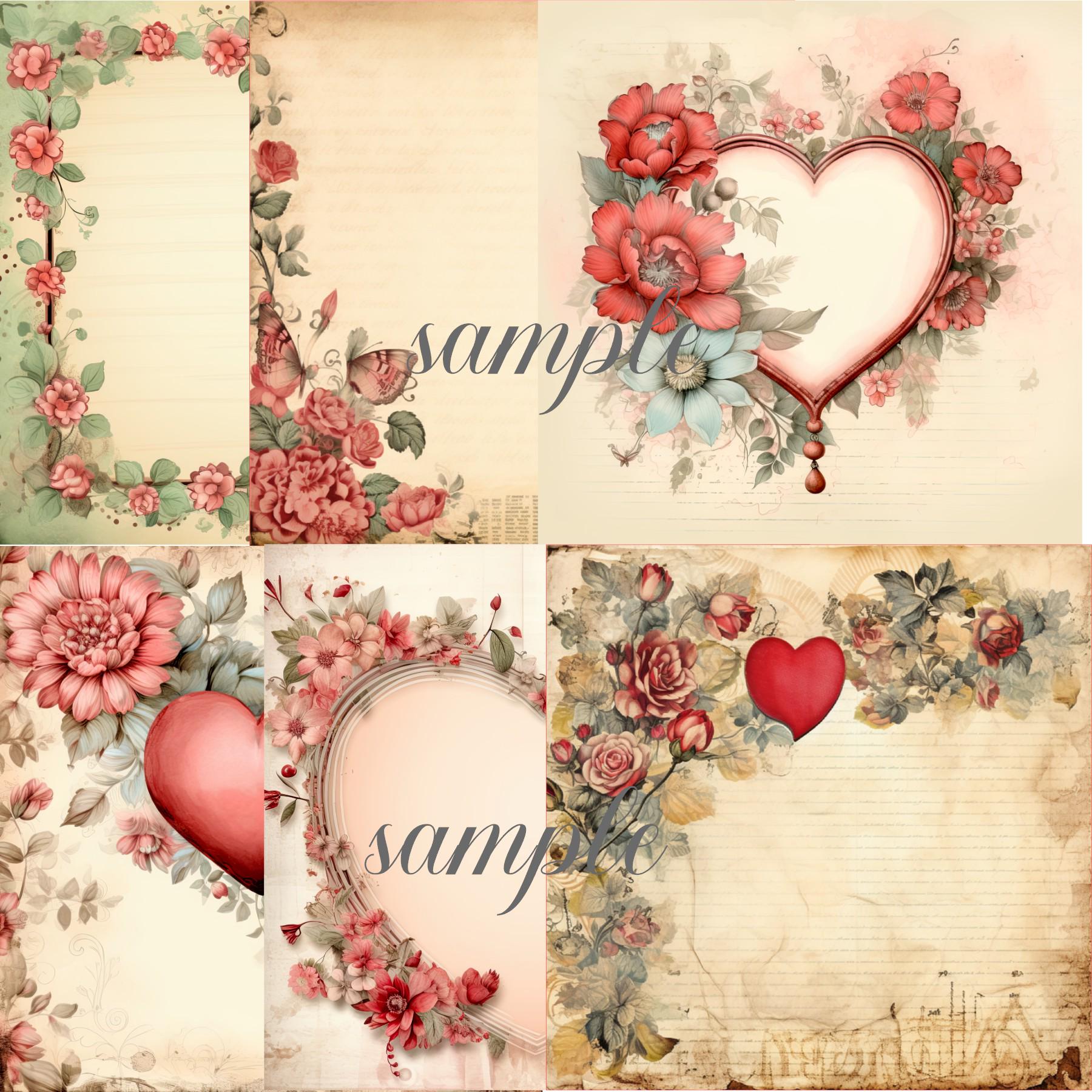 Vintage Love Heart Digital Paper, Vintage Valentines, Rose Valentines ...