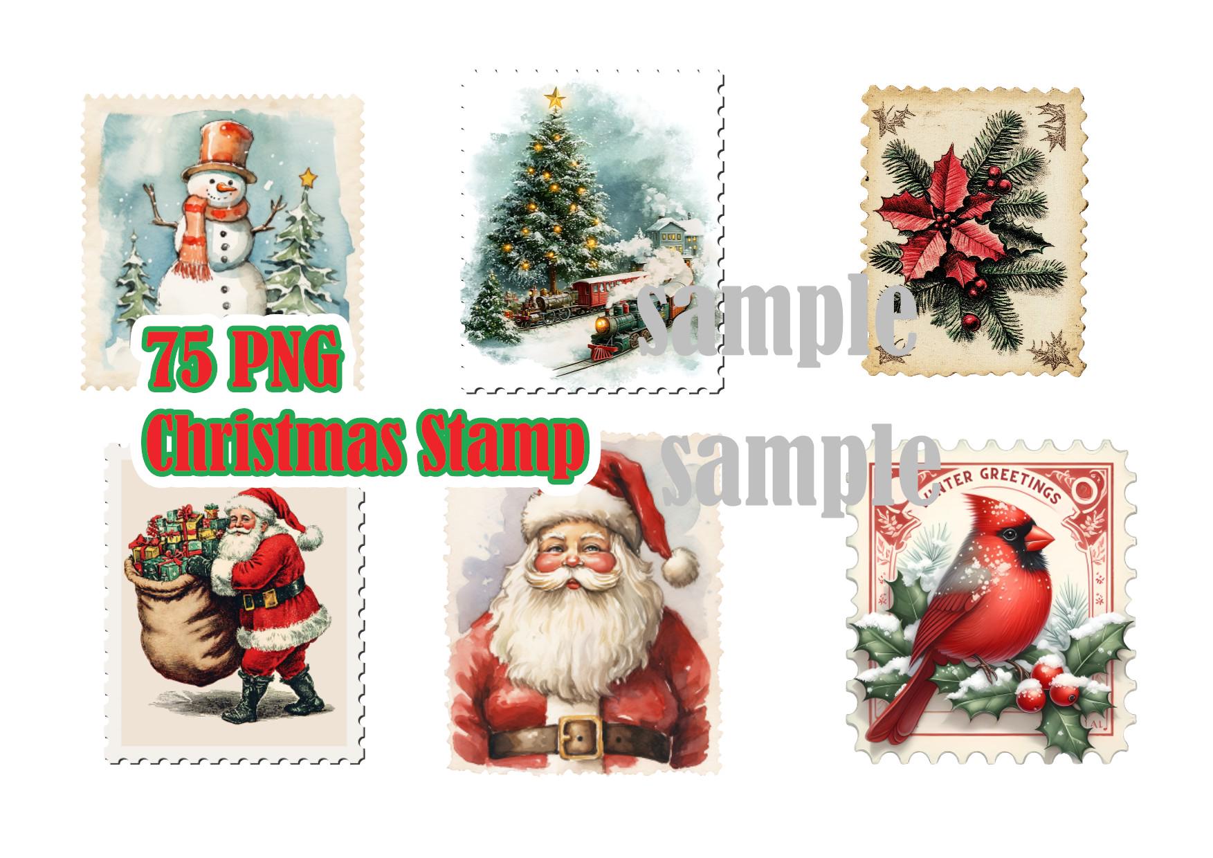 Vintage Christmas Stamp Clipart, Watercolor Christmas Stamp PNG, Winter ...