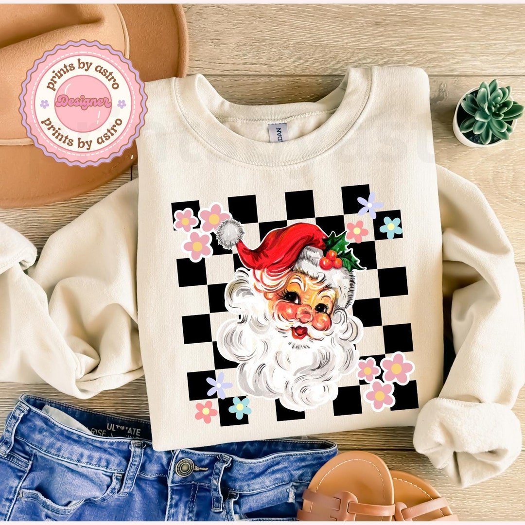 Checkered Santa Claus Png, Floral Png, Christmas Png, Retro Christmas Sublimation PNG, Merry ...