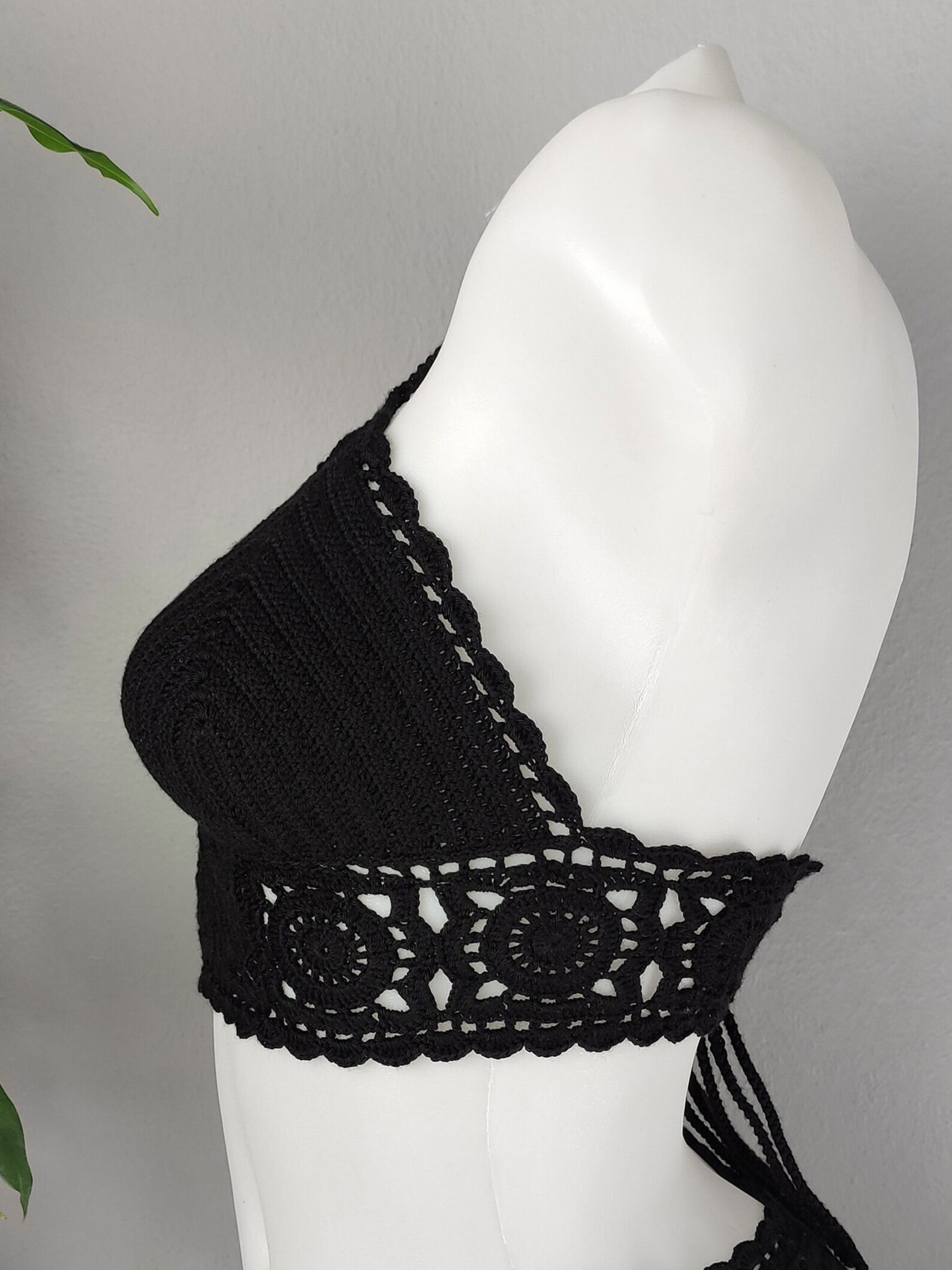 Black Crochet Swimming Bra Top, Granny Square Deep V-neck Crop Bustier ...