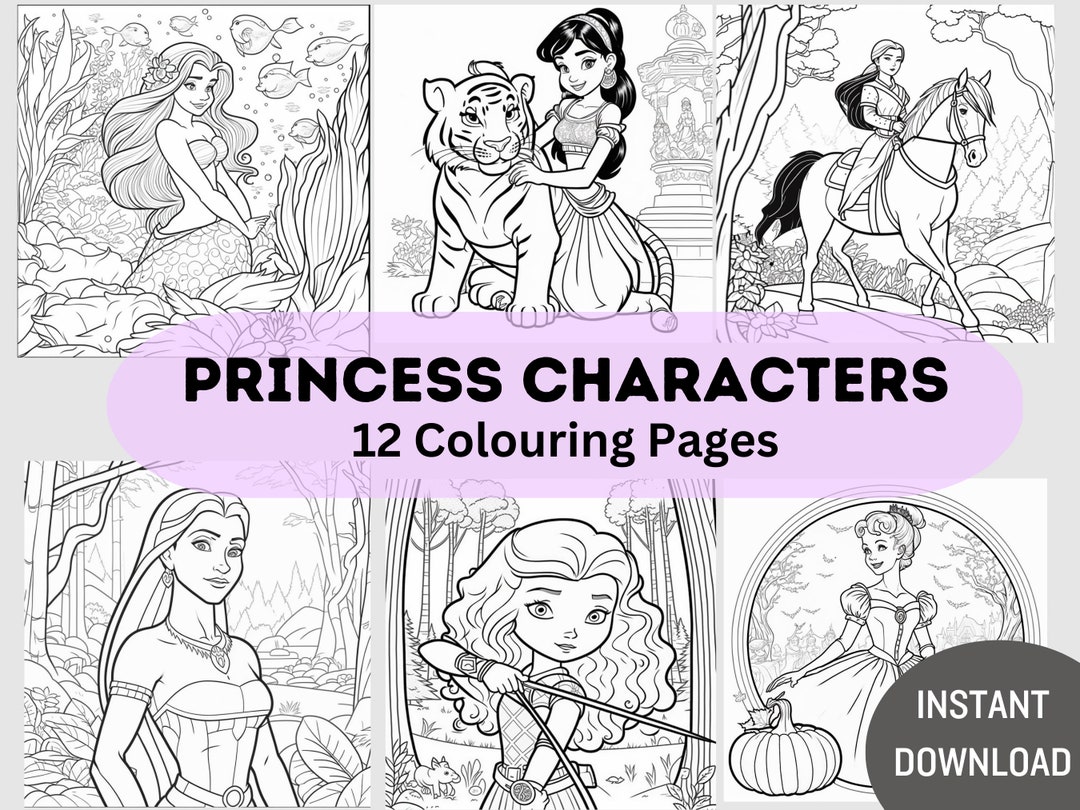 12 Princess Characters Children Colouring Pages Digital Prints ...