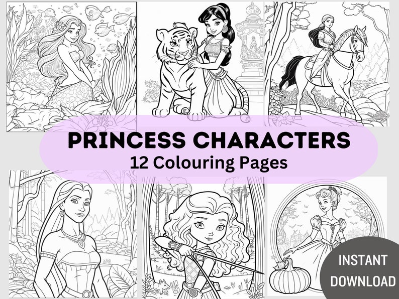 12 Princess Characters Children Colouring Pages Digital Prints ...