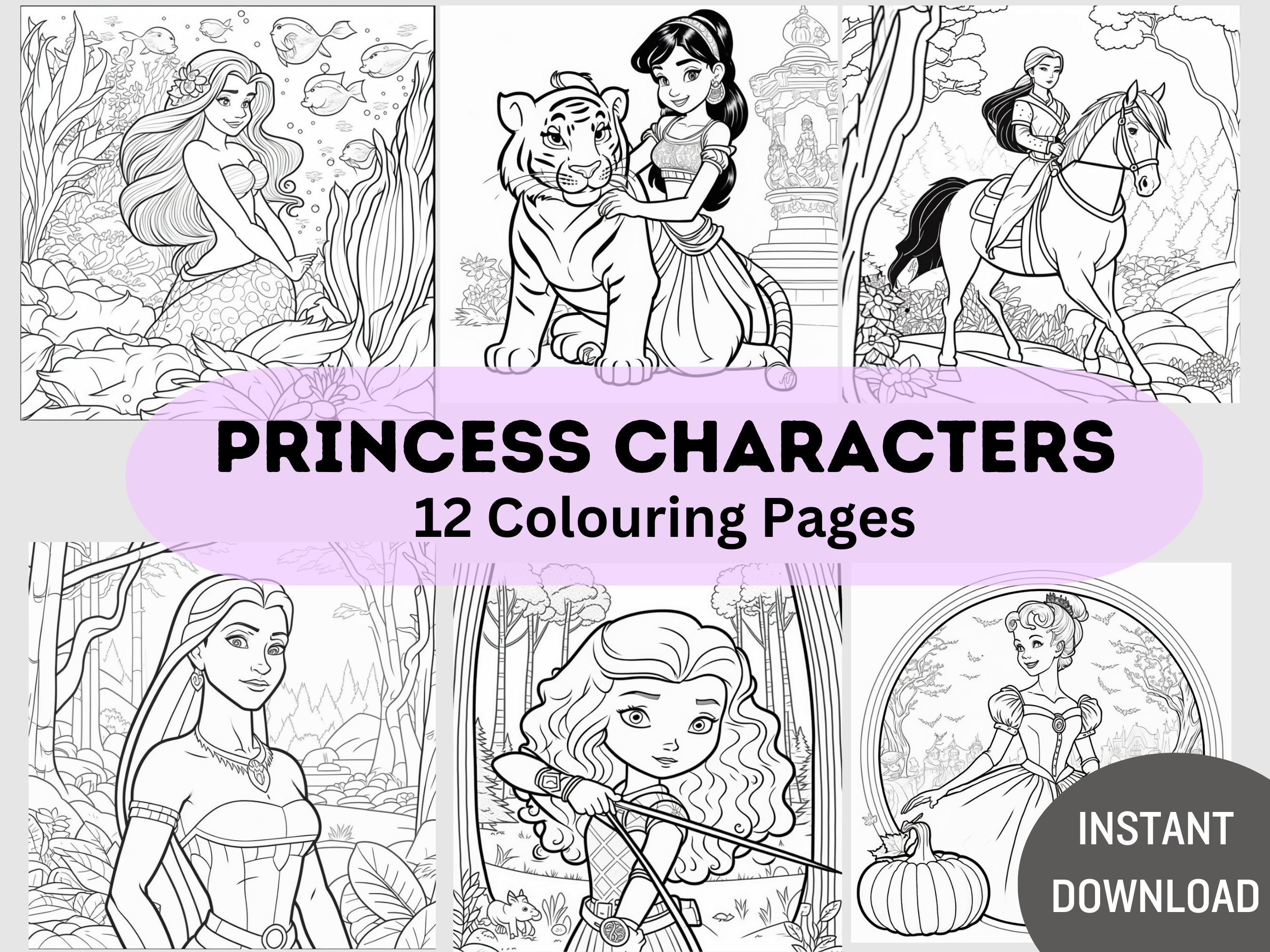 12 Princess Characters Children Colouring Pages Digital Prints ...
