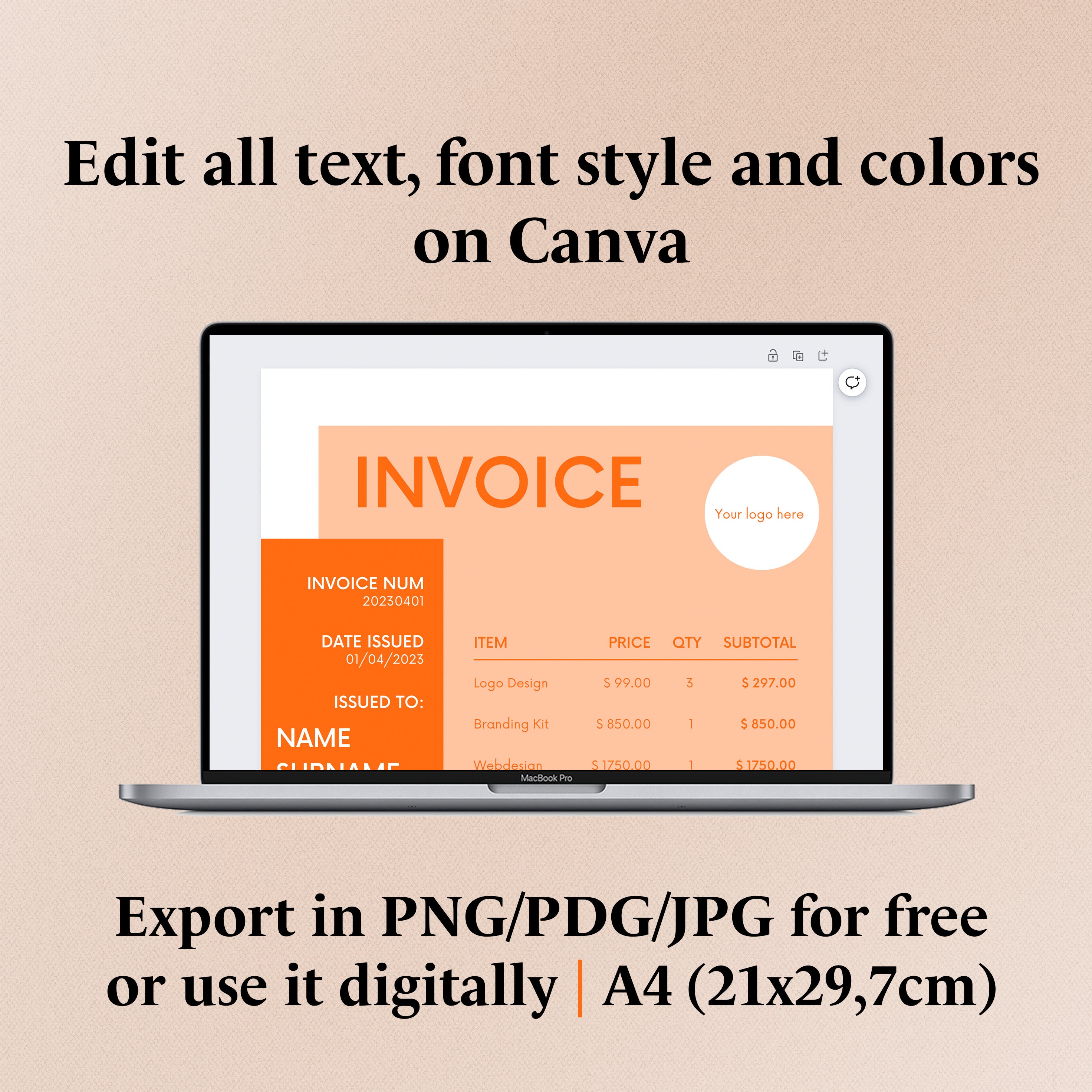 Invoice Template, Canva Template A4, Small Business, Custom Order Form ...