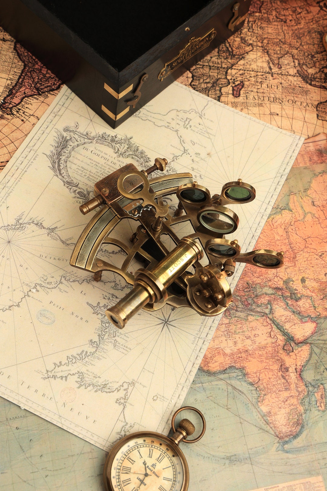 J. Scott London Brass Ship History Sextant With Hardwood Box. Nautical ...
