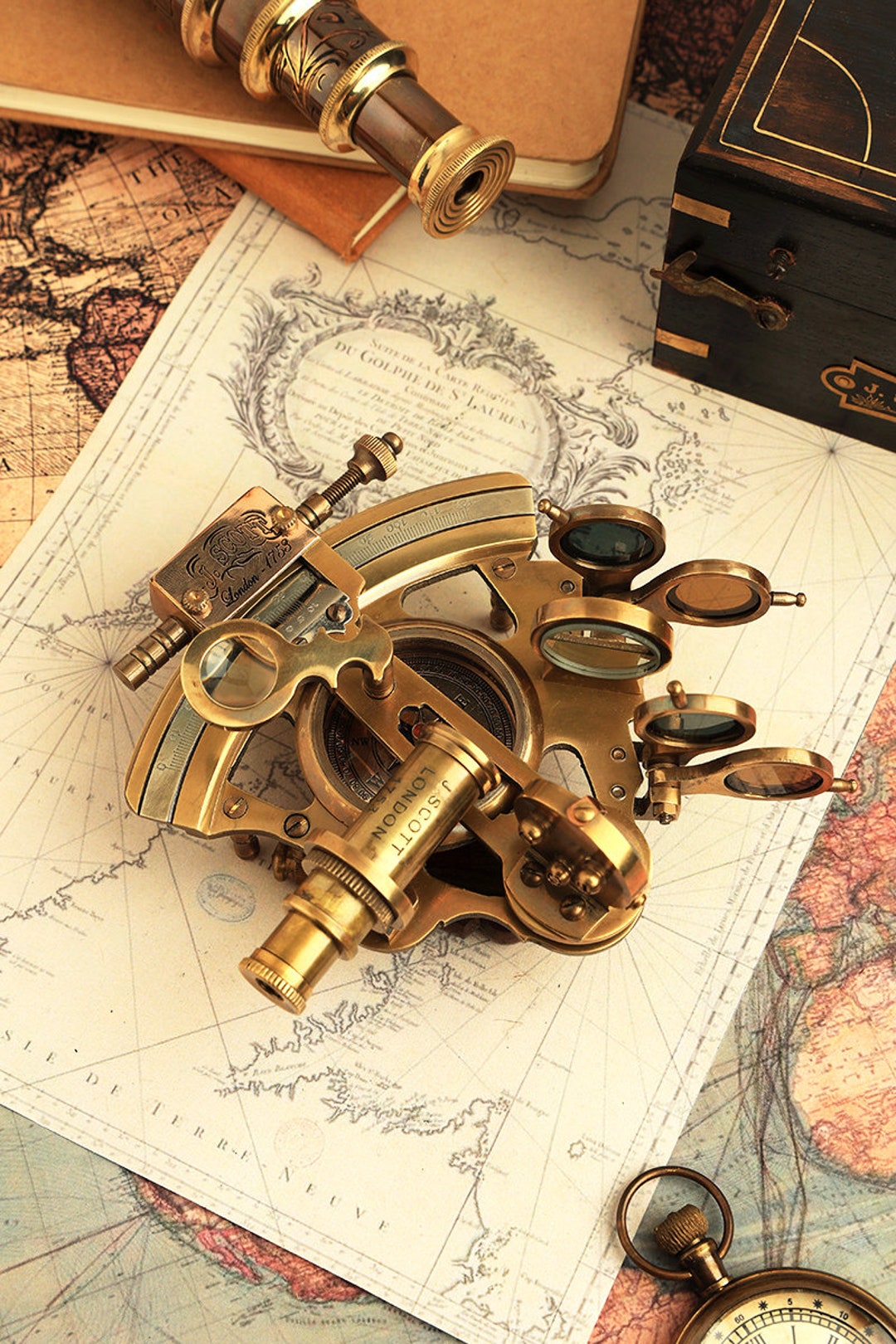 Astrolabe Brass Sextant Inbuild Compass With Hardwood Box. Nautical ...