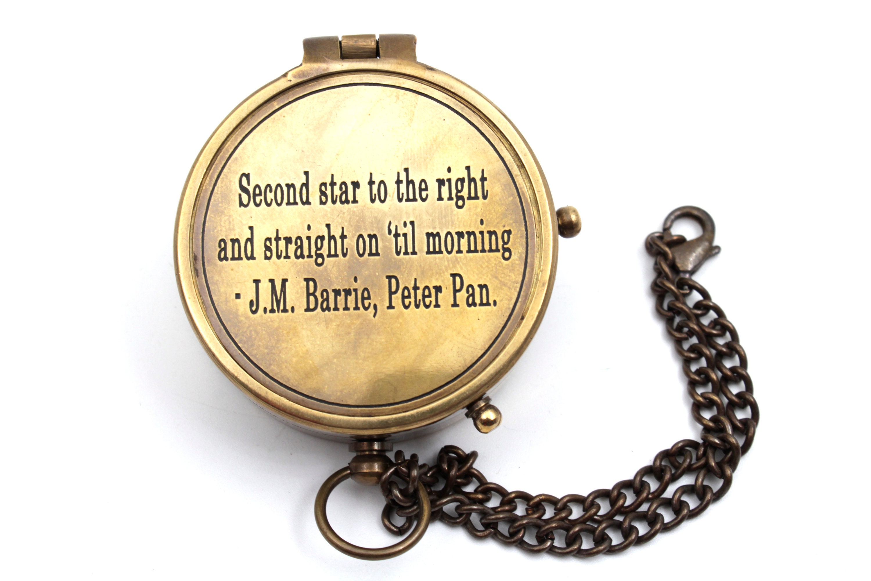 Second Star J. M. Barrie, Peter Pan Engraved Brass Compass With Wooden ...