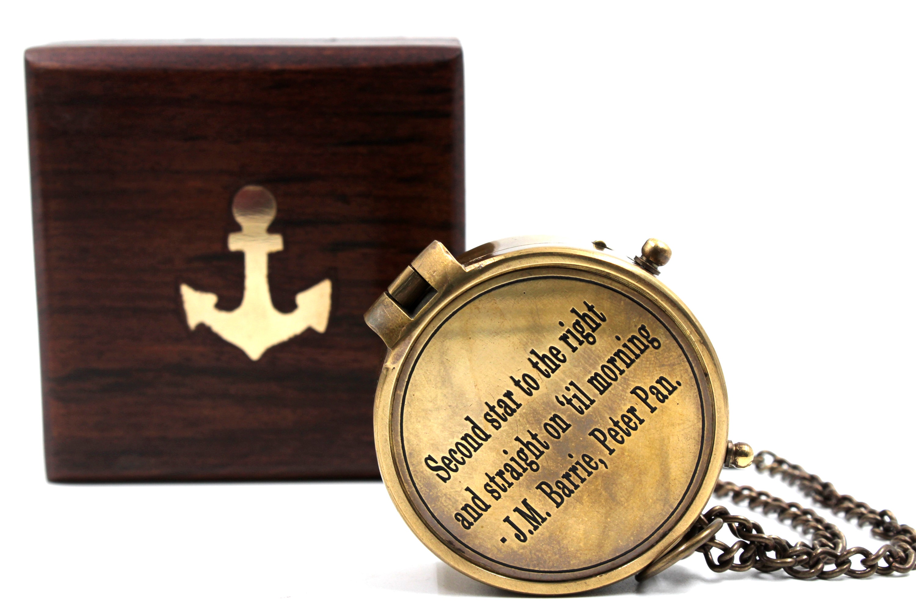 Second Star J. M. Barrie, Peter Pan Engraved Brass Compass With Wooden ...