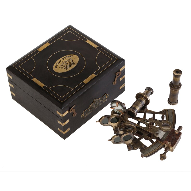 J. Scott London Brass Ship History Sextant With Hardwood Box. Nautical ...