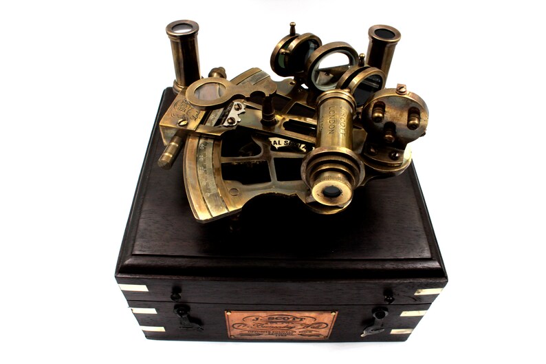 J. Scott London Brass Ship History Sextant With Hardwood Box Nautical ...