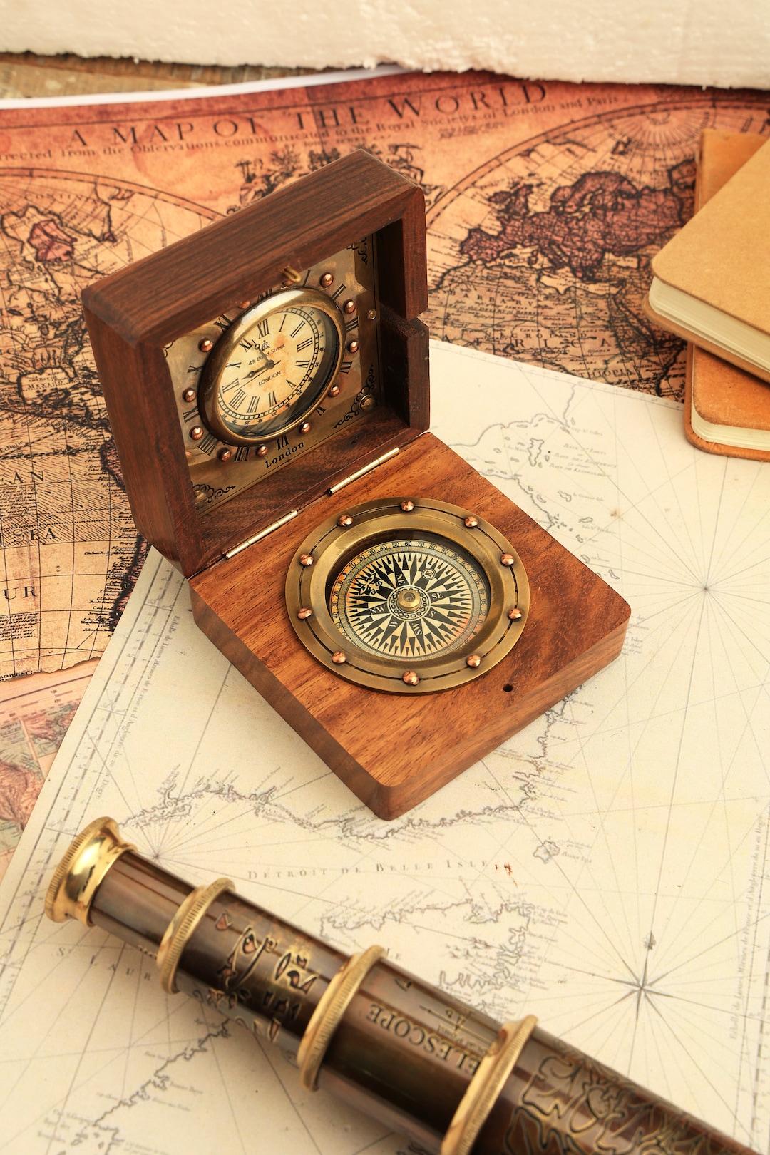 Authentic Clock Compass in Rose Wood Box, Replica Art Product Best Gift ...
