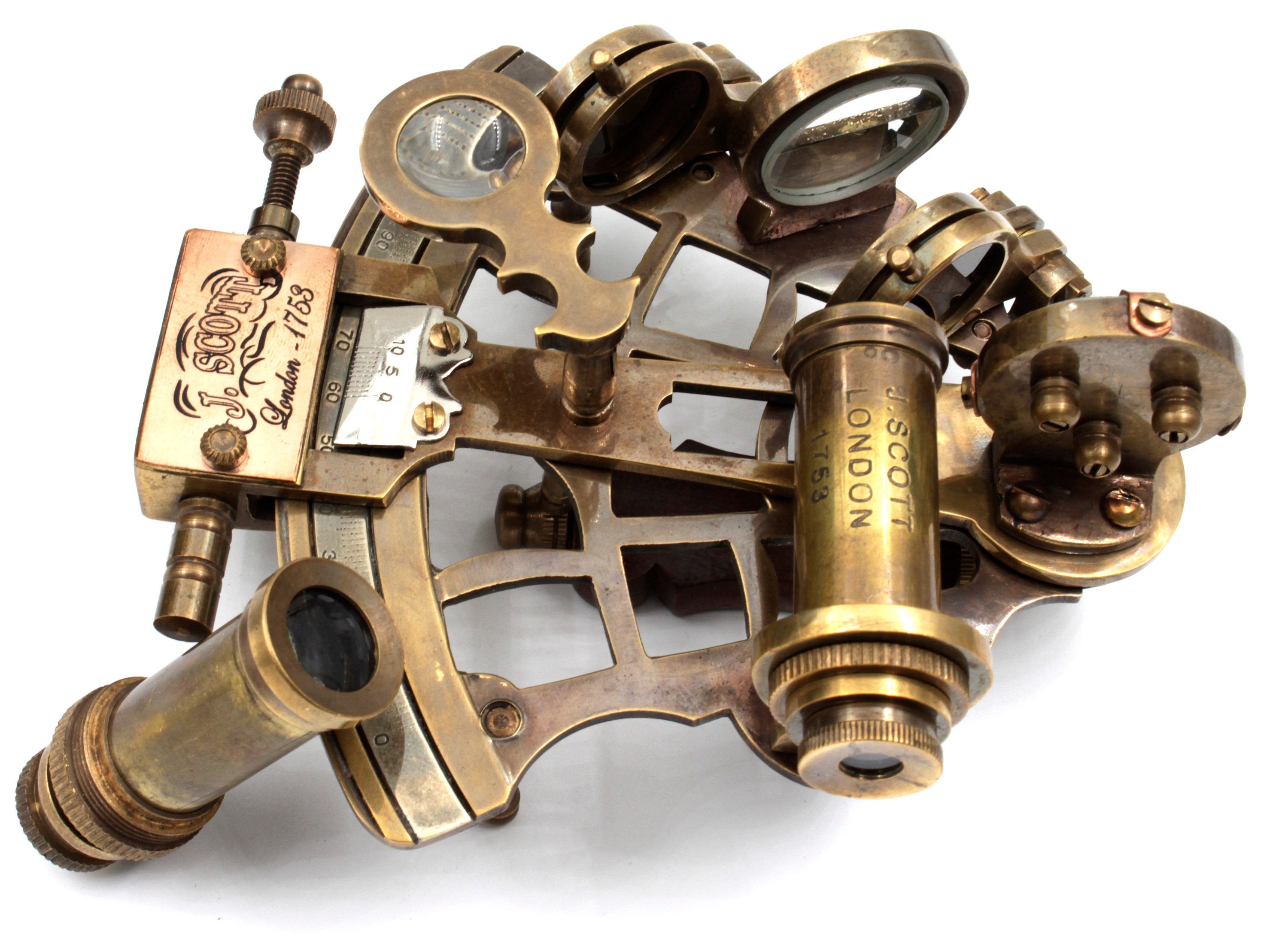 J. Scott London Brass Ship History Sextant With Hardwood Box. Nautical ...