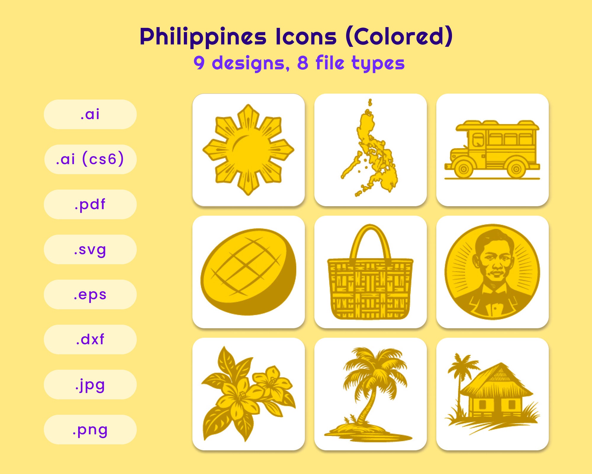 Philippines Icons (colored), Bundle of 9, 8 File Formats, Digital ...