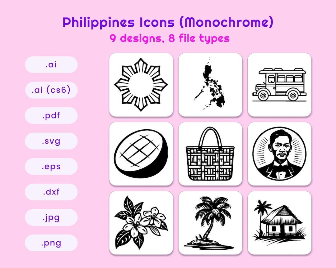Philippines Icons (monochrome), Bundle of 9, 8 File Formats, Digital ...