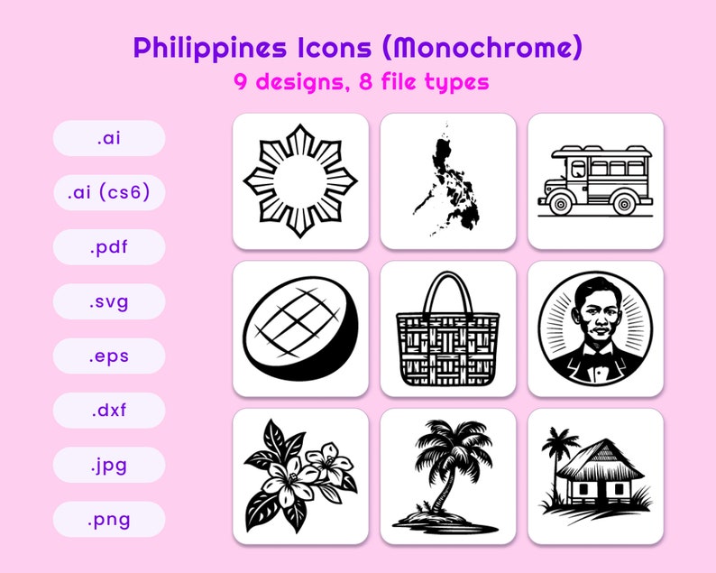 Philippines Icons (monochrome), Bundle of 9, 8 File Formats, Digital ...