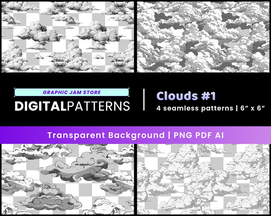 Transparent Clouds Seamless Pattern Bundle of 4, Digital Patterns for ...