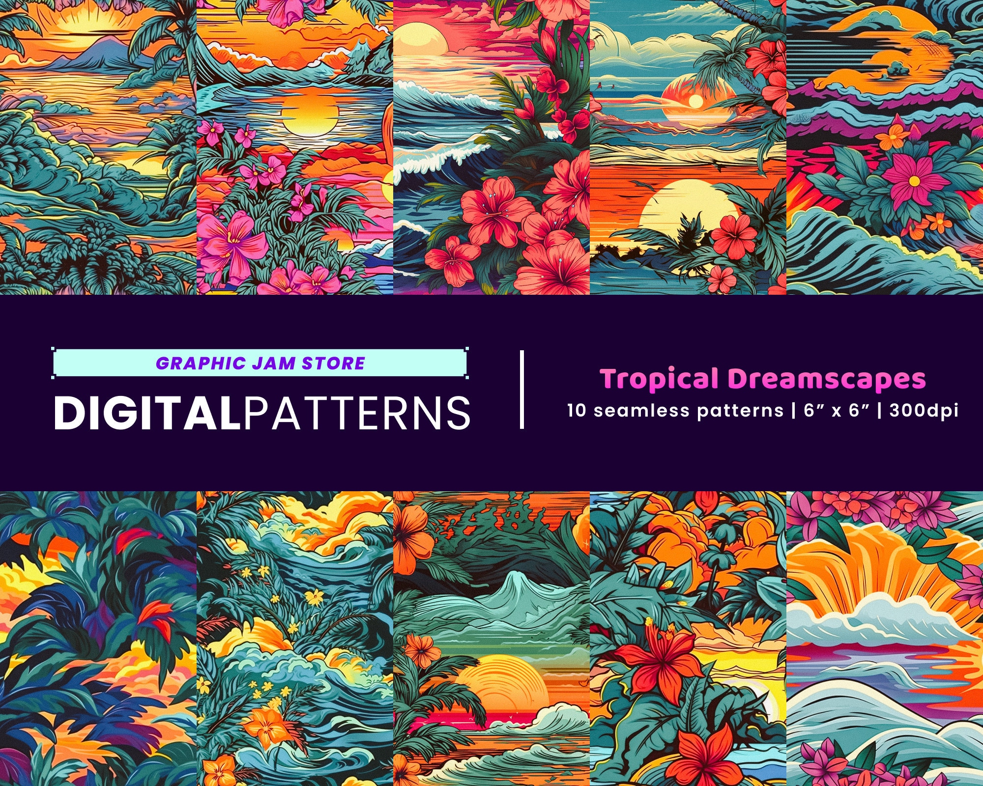 Tropical Dreamscapes Pattern Bundle of 10, Digital Patterns for ...