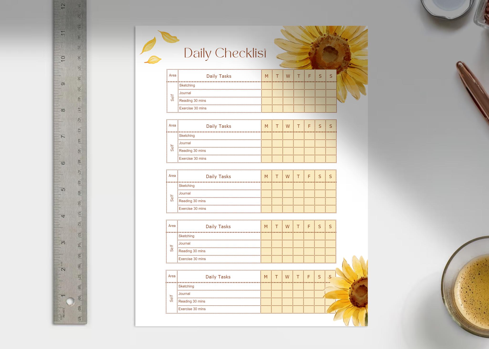 Checklist Sunflower Daily Checklist - Digital Printable | Focused Daily ...