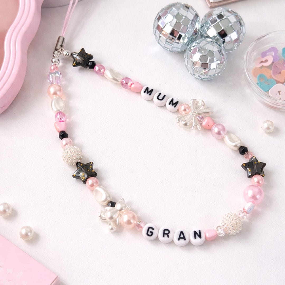 Personalised Mum Handmade Beaded Phone Charm - Custom Name Wrist Strap ...