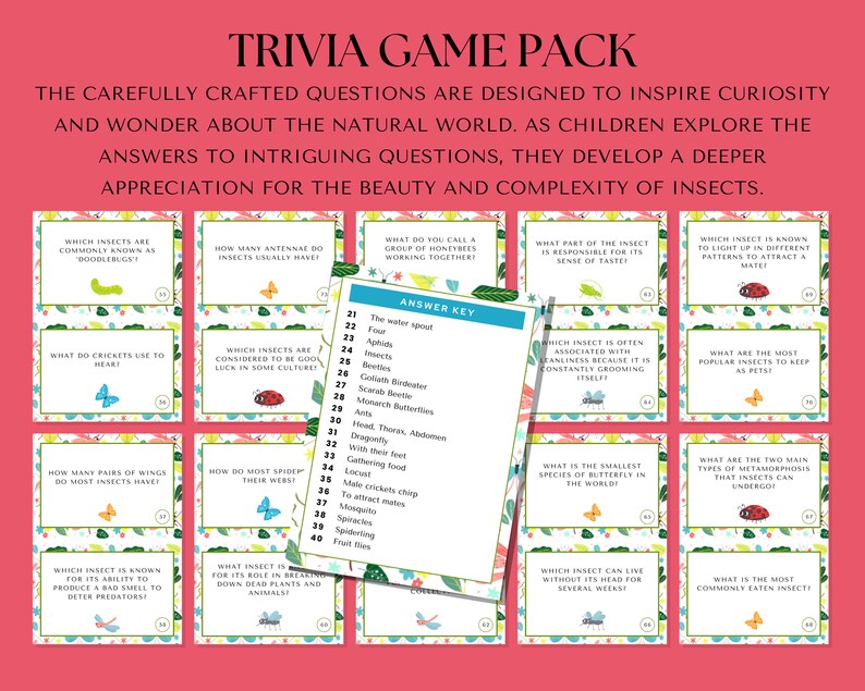 Bugs & Insects Trivia Cards Set, Trivia Game Printable, Trivia Night ...