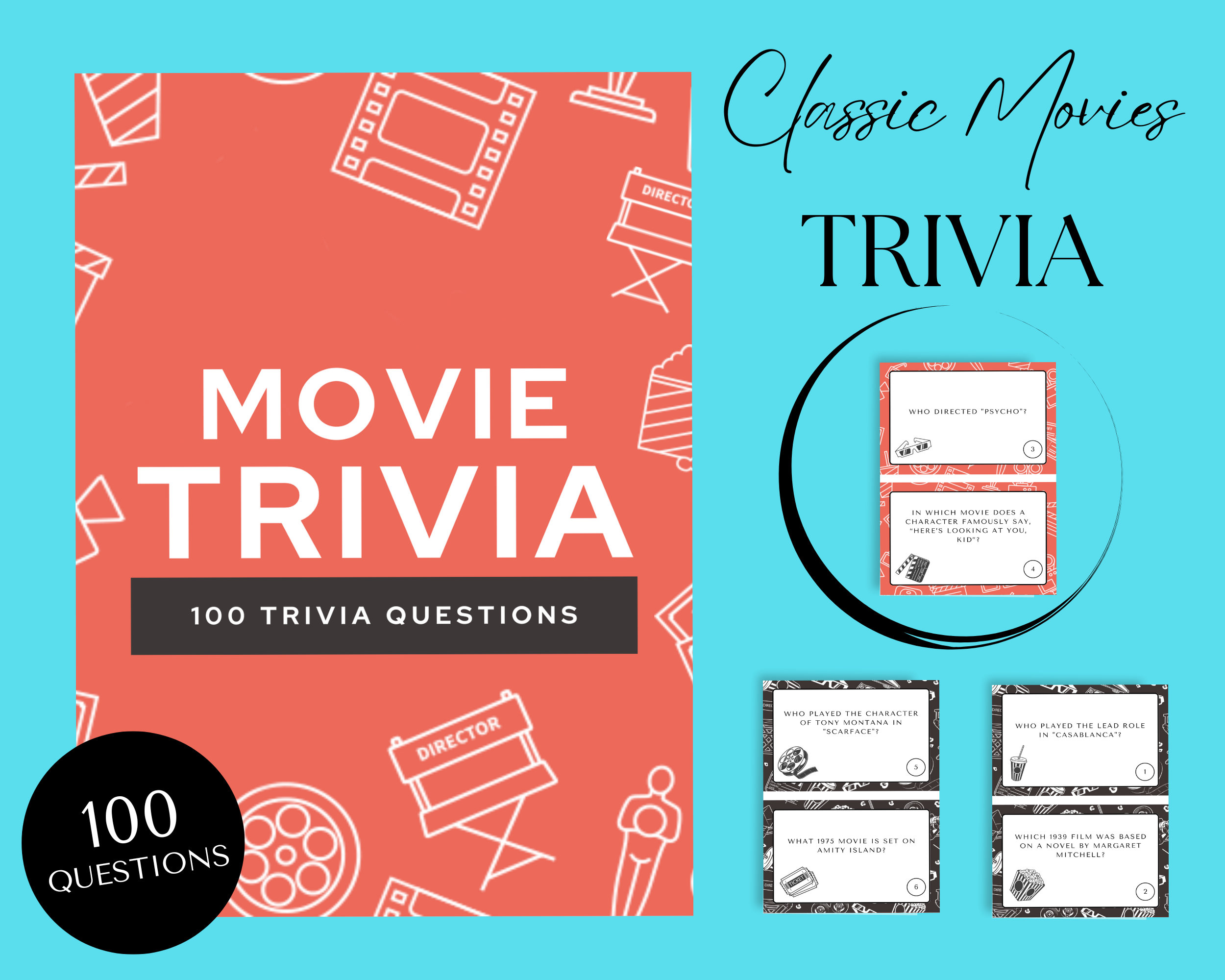 Classic Movies Trivia Cards Set, Trivia Game Printable, Trivia Night ...