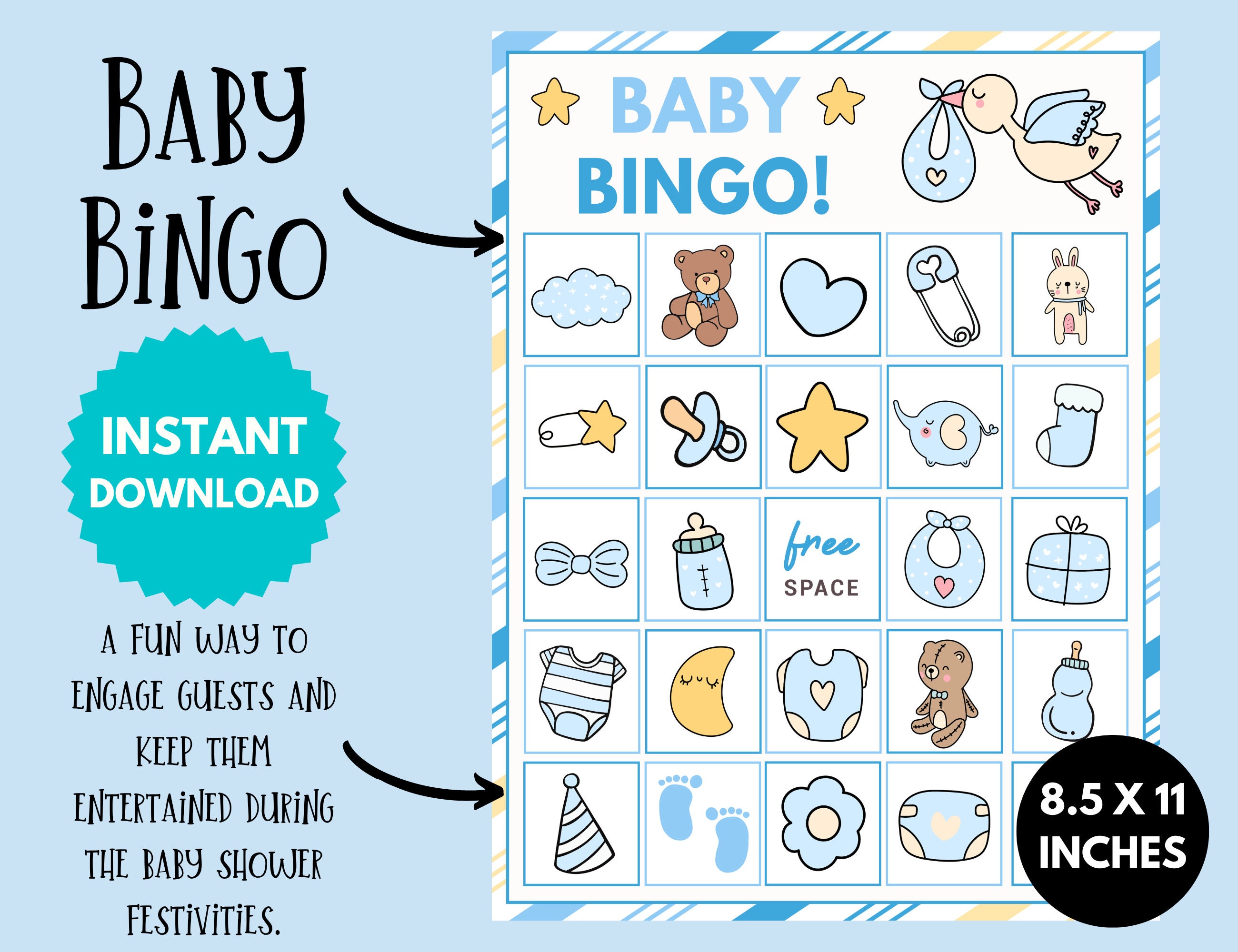 Baby Shower Bingo Printable, Baby Boy Bingo Printable, Baby Shower Gift ...