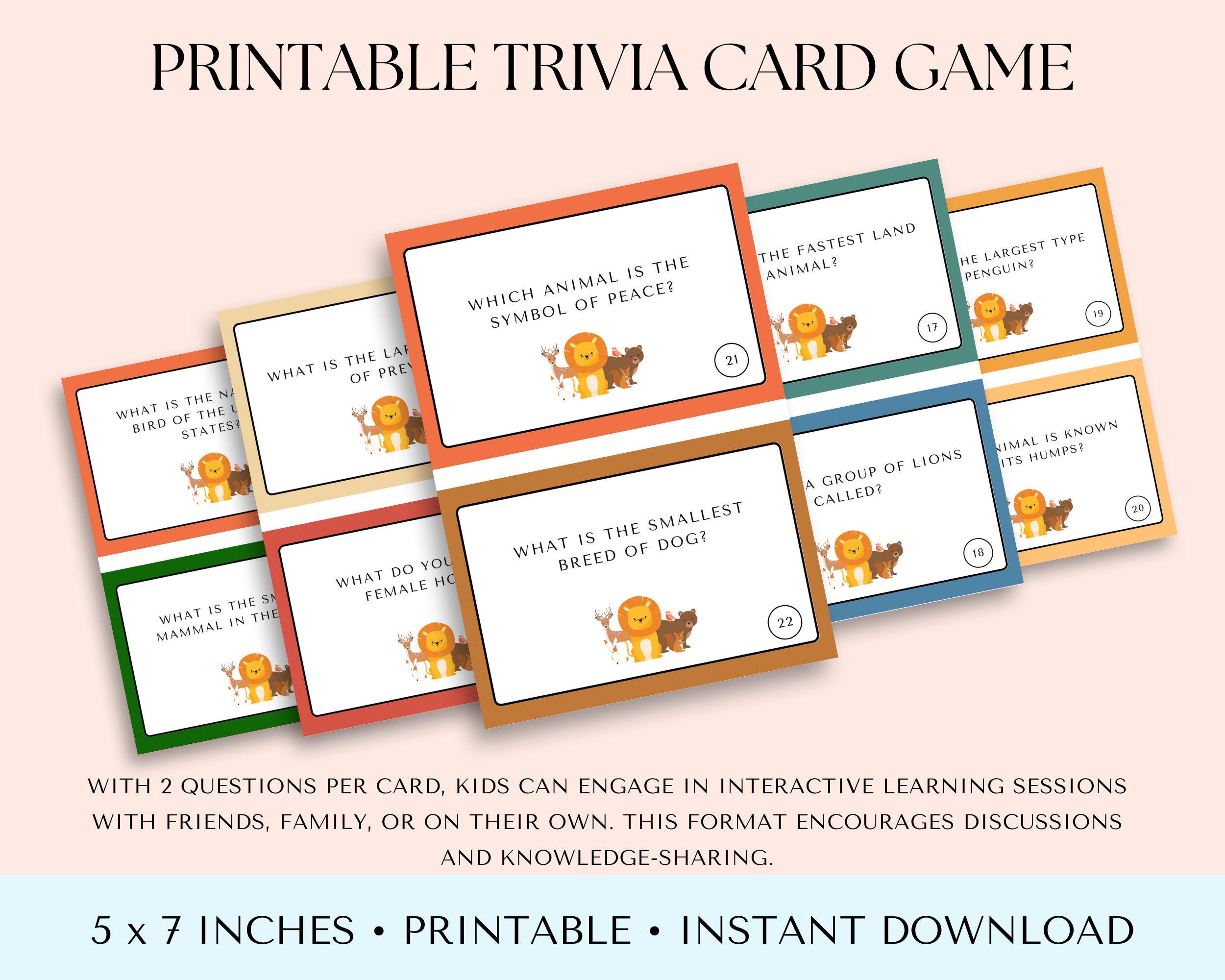 Animal Trivia Cards Set, Trivia Game Printable, Trivia Night, Question ...
