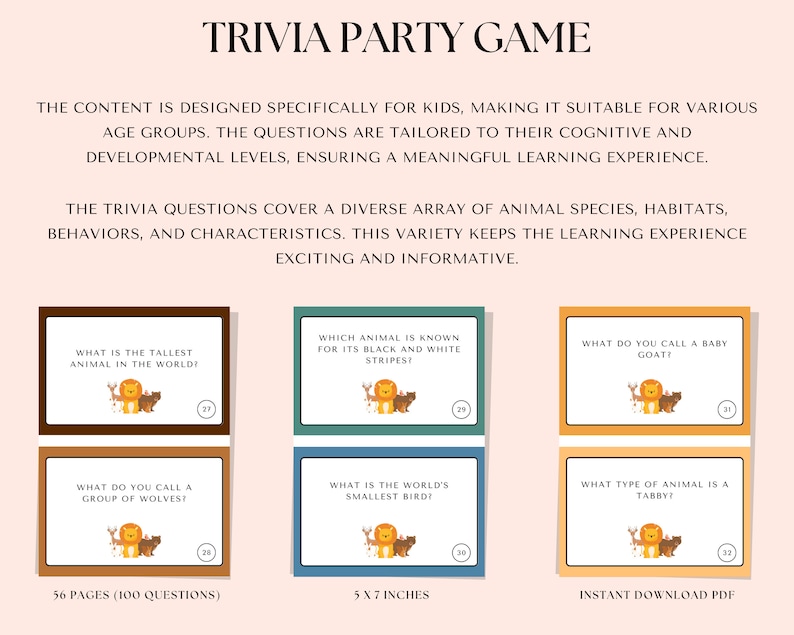 Animal Trivia Cards Set, Trivia Game Printable, Trivia Night, Question ...