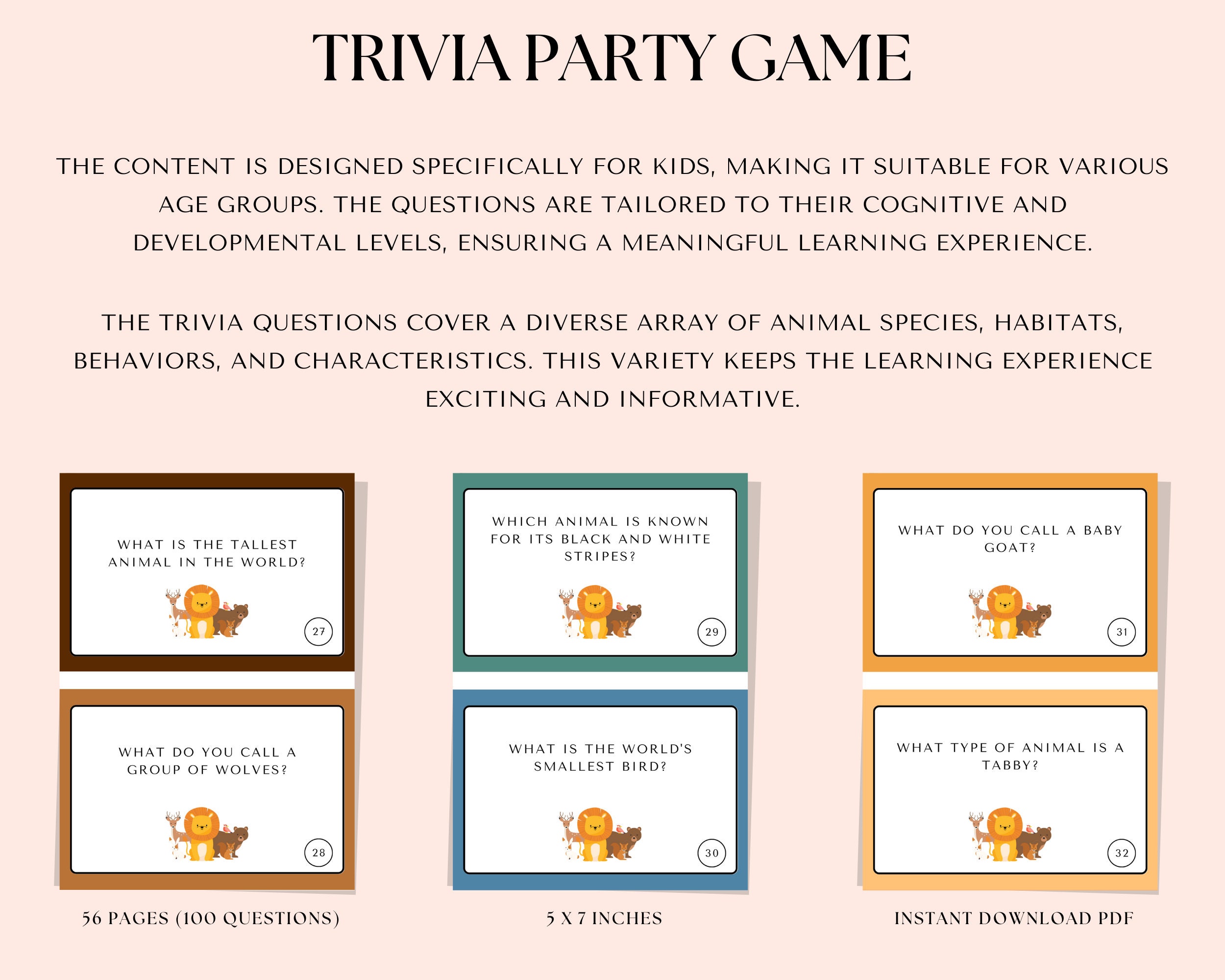 Animal Trivia Cards Set, Trivia Game Printable, Trivia Night, Question ...