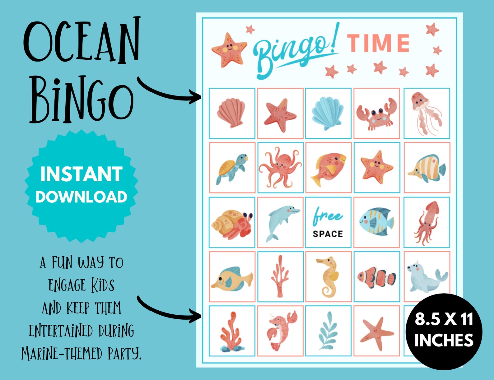 Ocean Bingo Cards With Sea Animal Friends, Printable Marine Life Party ...