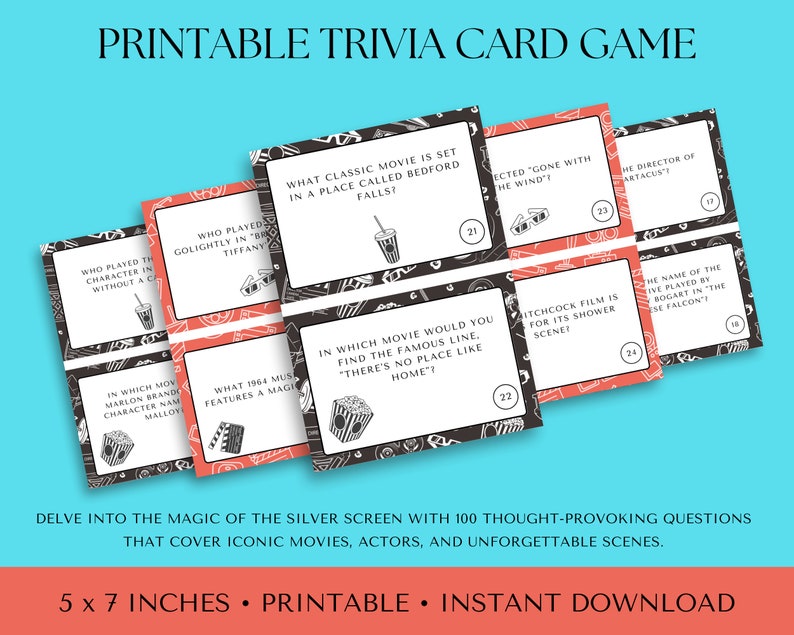 Classic Movies Trivia Cards Set, Trivia Game Printable, Trivia Night ...