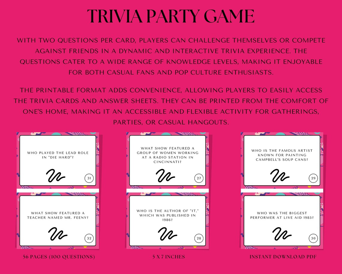 80s Pop Culture Trivia Cards Set Trivia Game Printable - Etsy