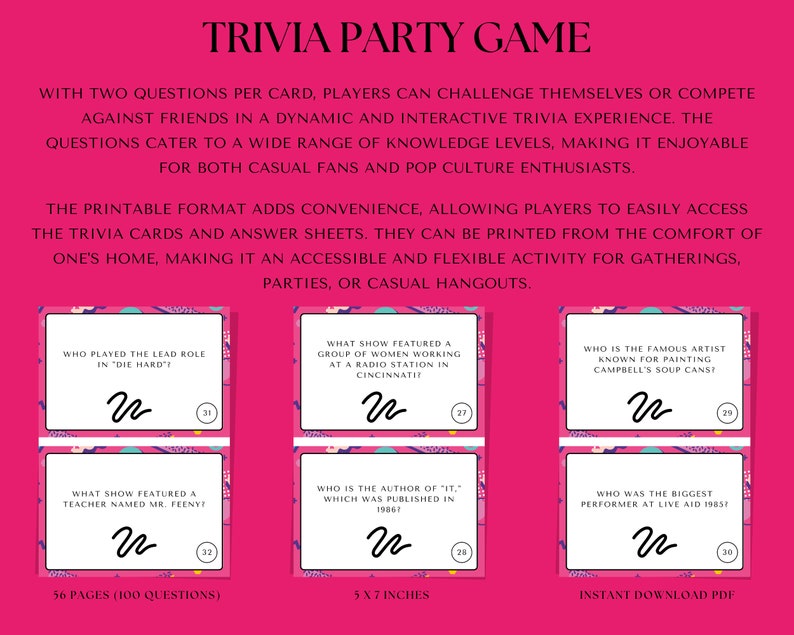 80s Pop Culture Trivia Cards Set, Trivia Game Printable, Trivia Night ...