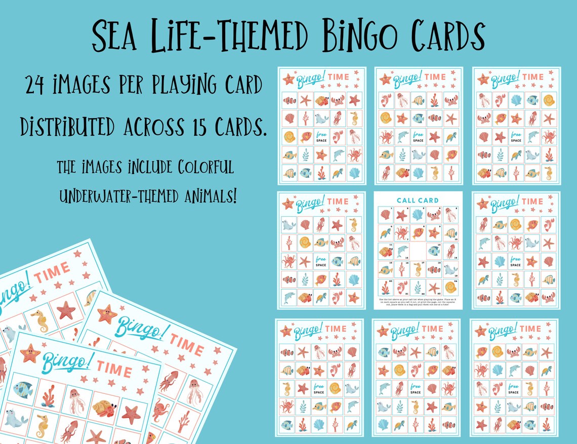Ocean Bingo Cards With Sea Animal Friends, Printable Marine Life Party ...