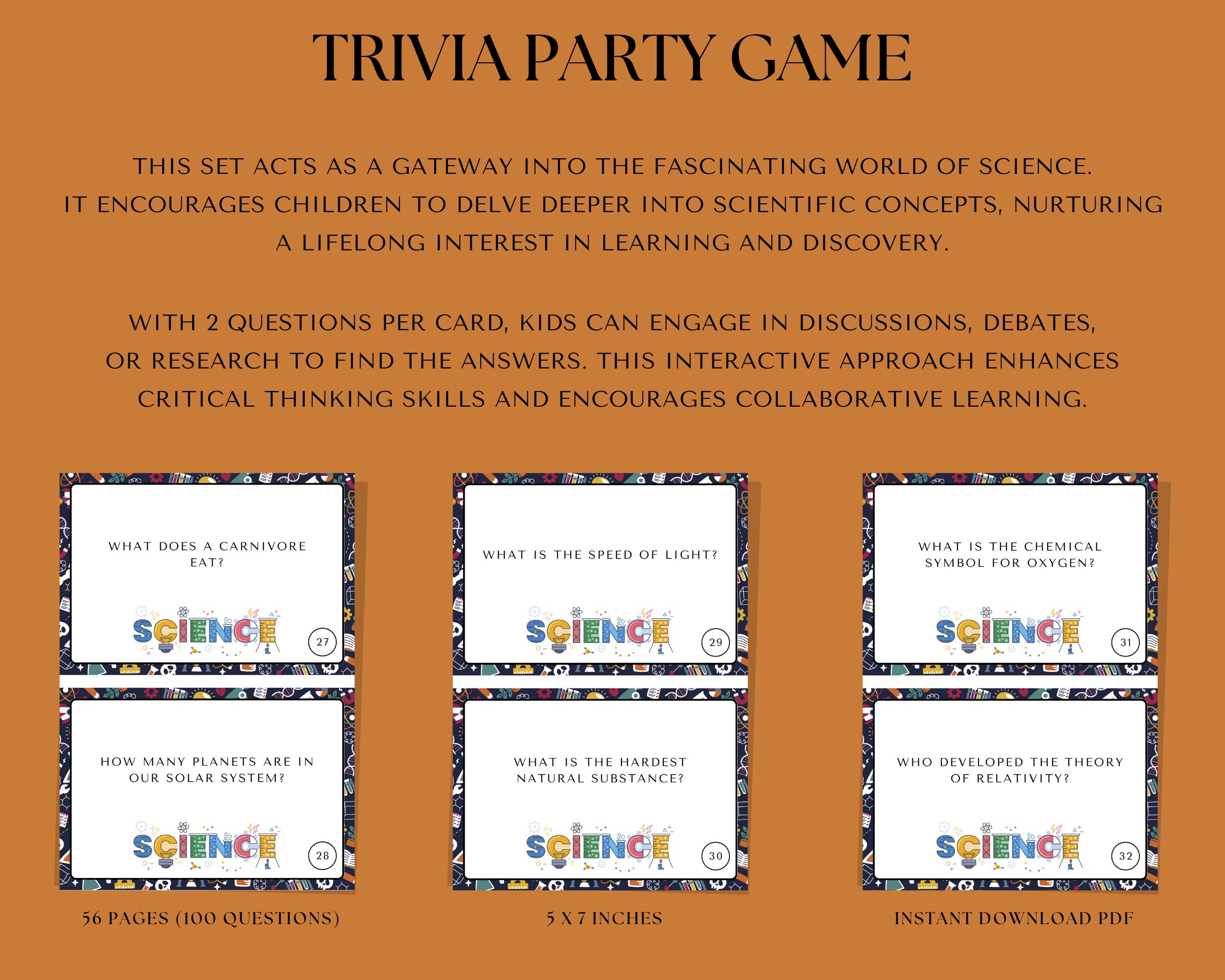 Science Trivia Cards Set, Trivia Game Printable, Trivia Night, Question ...