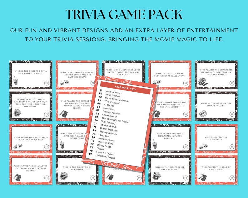 Classic Movies Trivia Cards Set, Trivia Game Printable, Trivia Night ...
